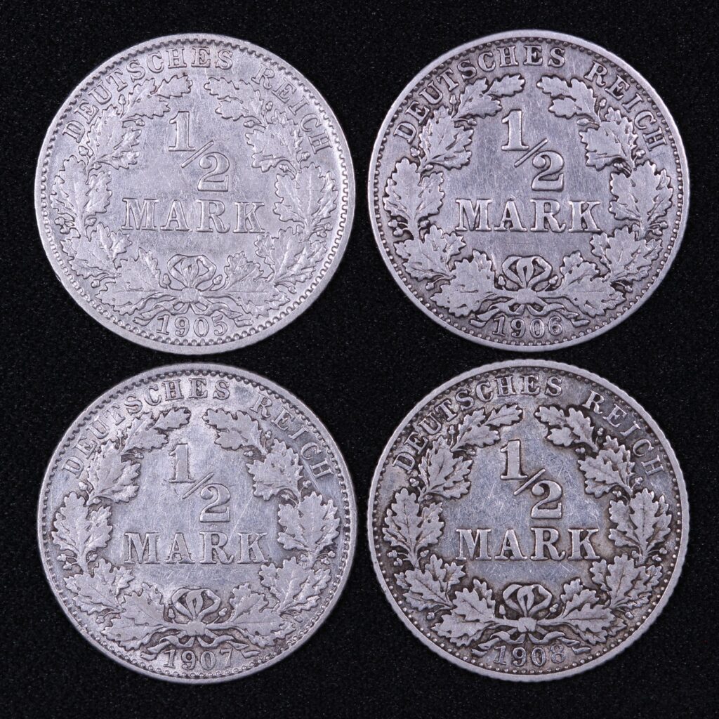 Lot of 4 Germany Empire 1905 1906 1907 1908 D 1/2 Mark Munich Mint ...