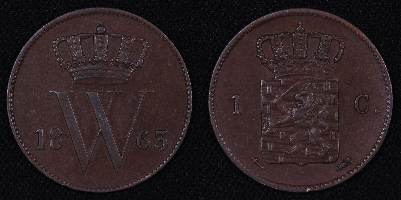Netherlands 1863 1 Cent KM# 100 William III Sword Privy World Copper ...