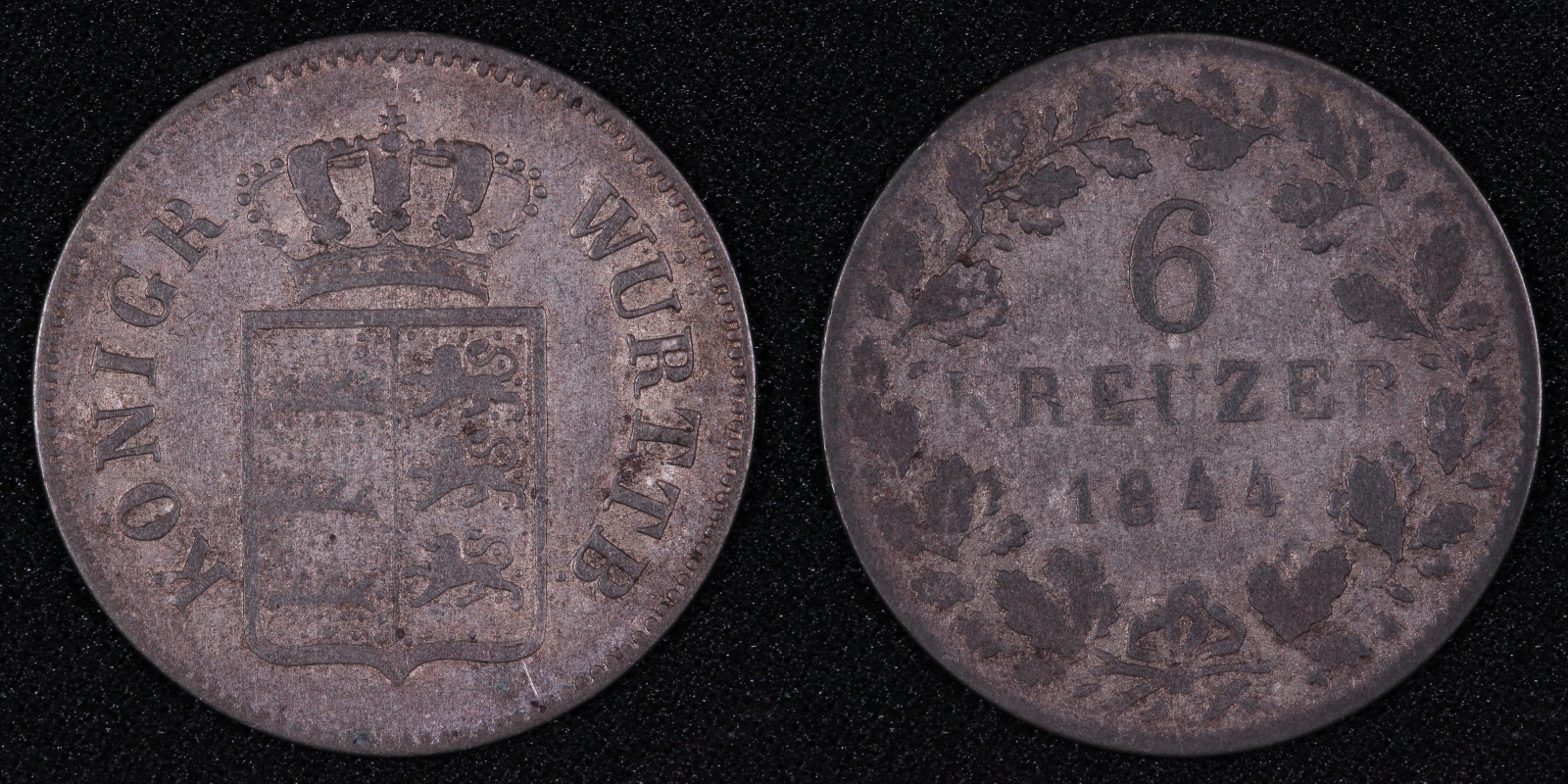 German States Wurttemberg 1844 6 Kreuzer KM# 592 World Silver Coin ...