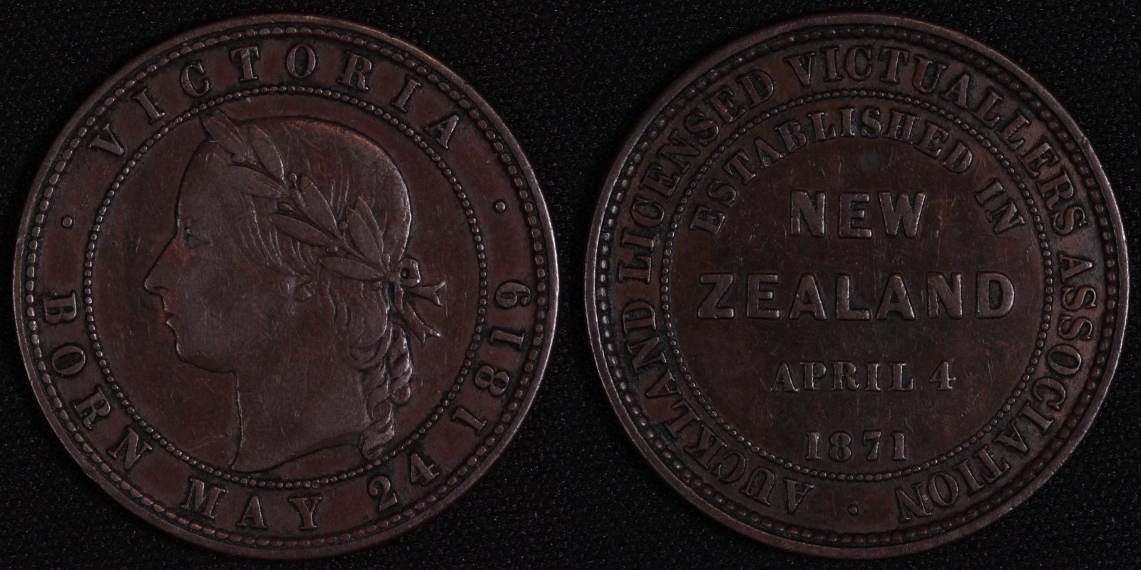 New Zealand 1871 Penny Token Auckland Licensed Victuallers Association ...