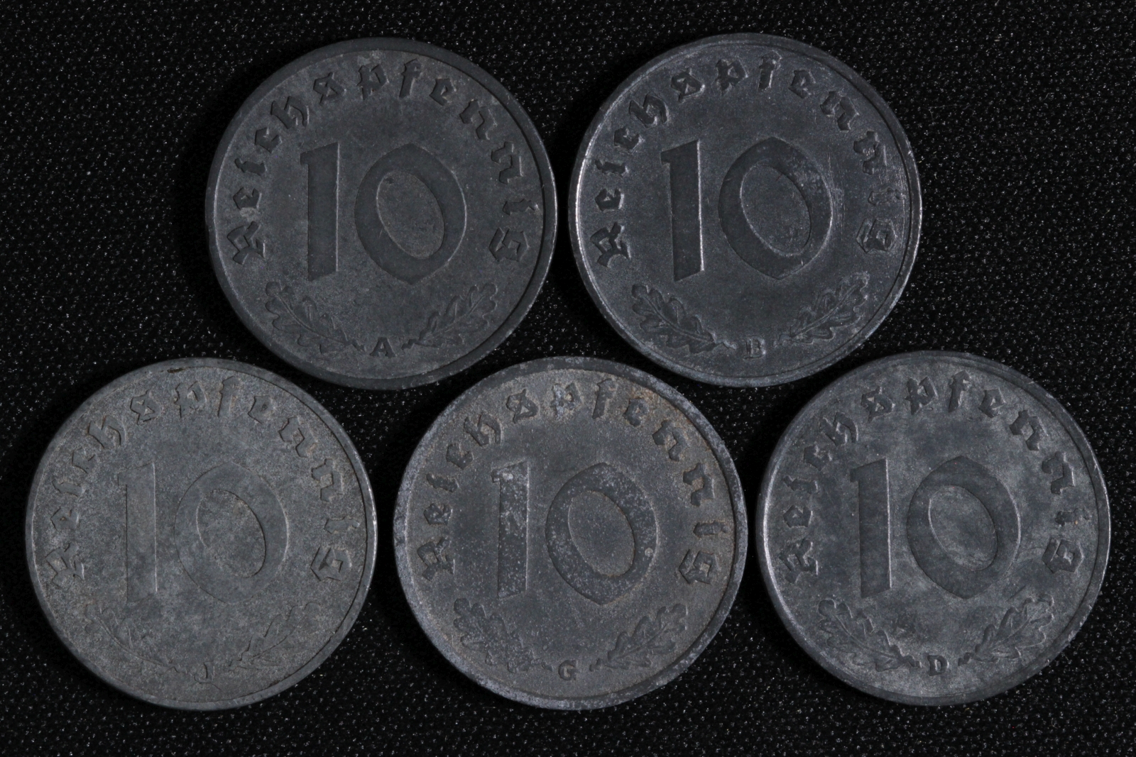 Lot of 5 Germany Third Reich 1940 A B D G J 10 Reichspfennig KM#101 ...