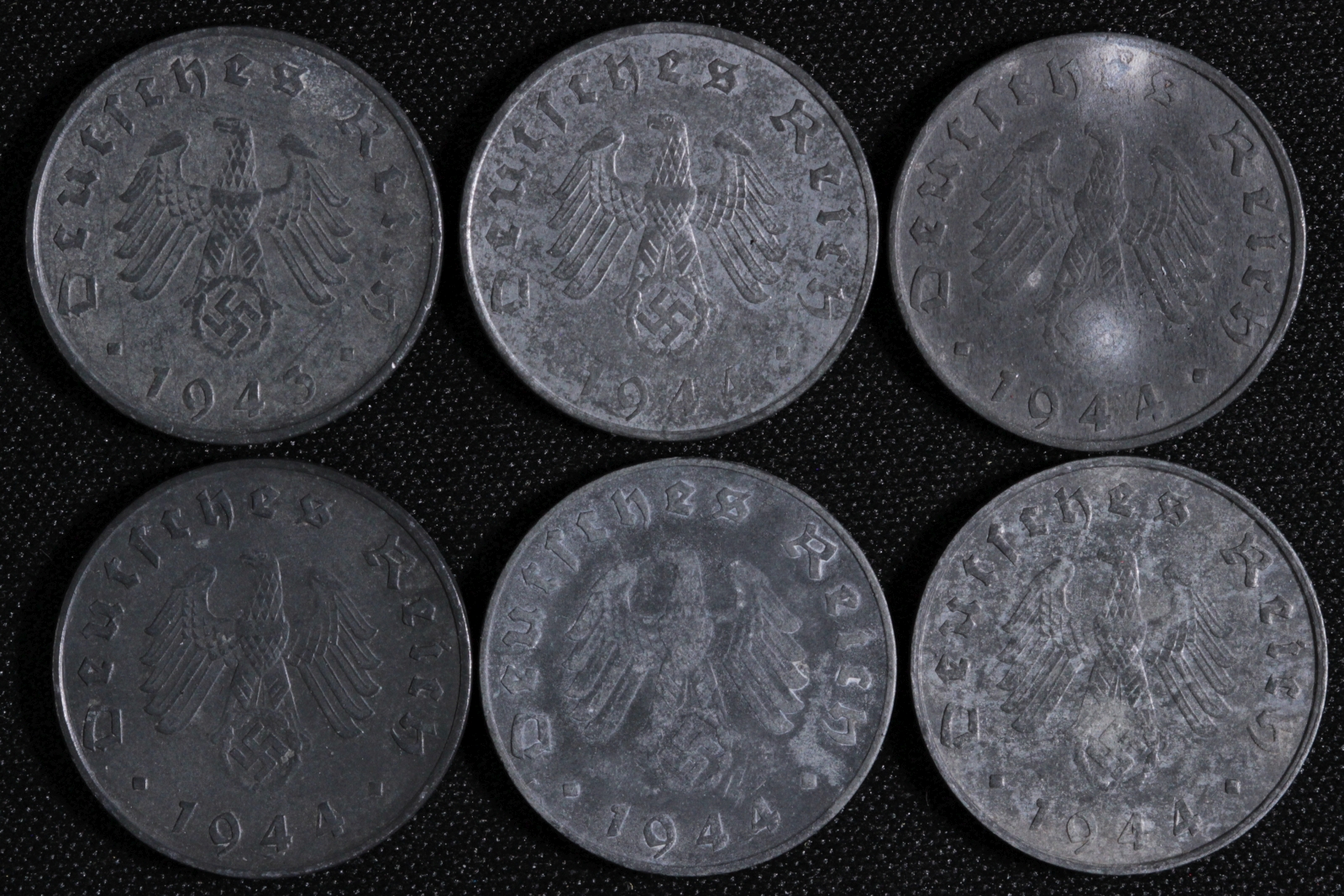 Lot of 6 Germany Third Reich 1943D & 1944 A B D E G 10 Reichspfennig ...
