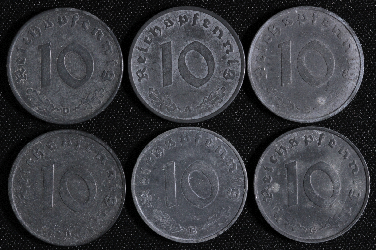 Lot of 6 Germany Third Reich 1943D & 1944 A B D E G 10 Reichspfennig ...