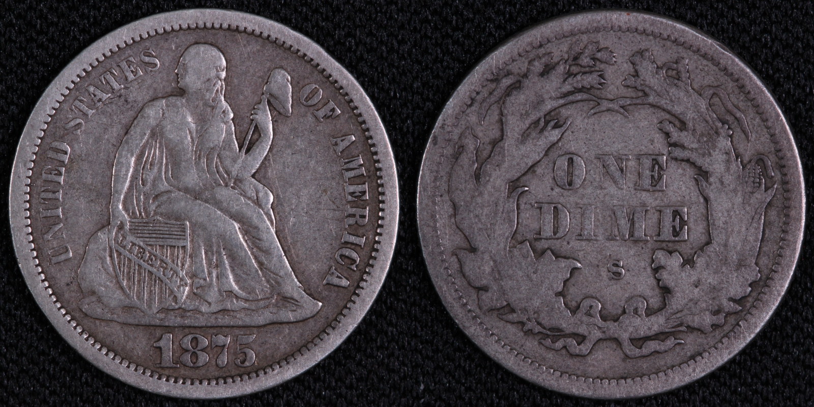 United States USA 1875-S Mintmark Above Bow Liberty Seated Dime 10C ...