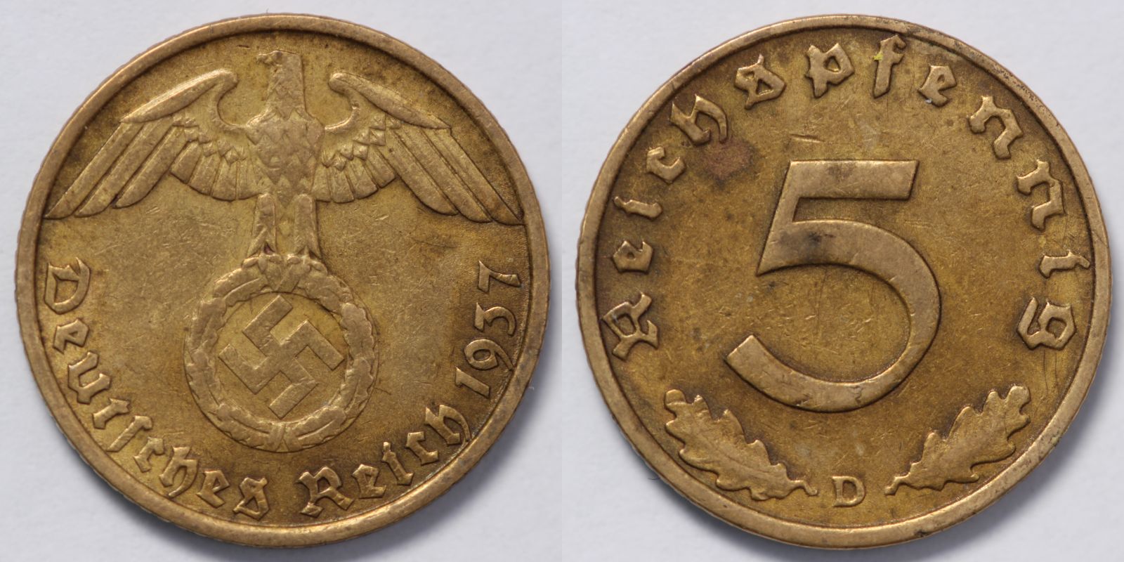 Lot of 4 Coins Germany-Third Reich 5 Reichspfennig KM-91 1937D 1938D ...