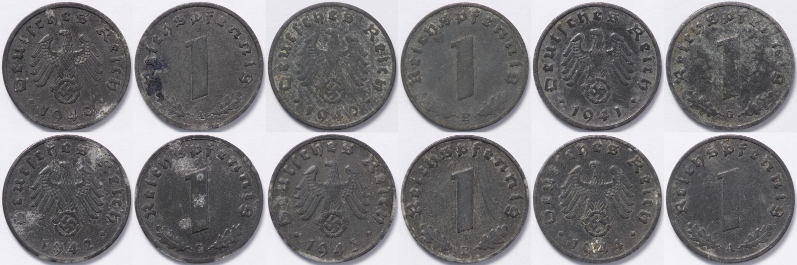 Lot of 6 Coins Germany Third Reich Reichspfennig 1940,41,42,43,44 ...