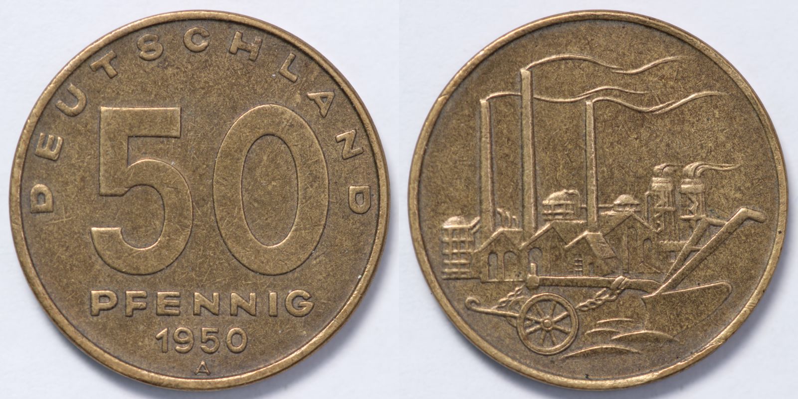 Germany Democratic Republic 1950A 50 Pfennig KM-4 Factory & Plowcart ...