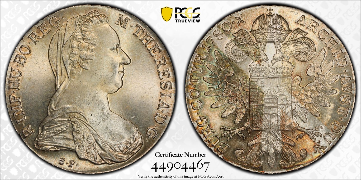 PCGS Graded MS64 - Austria "1780"-S.F. Thaler Modern Restrike Unc Silver Coin - Imperial Numismatics