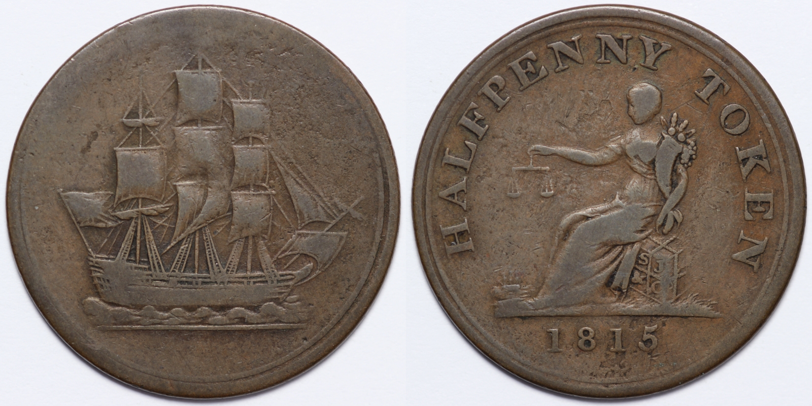 Lower Canada 1815 Seated Justice Sailing Ship S.J. & Co Halfpenny ...