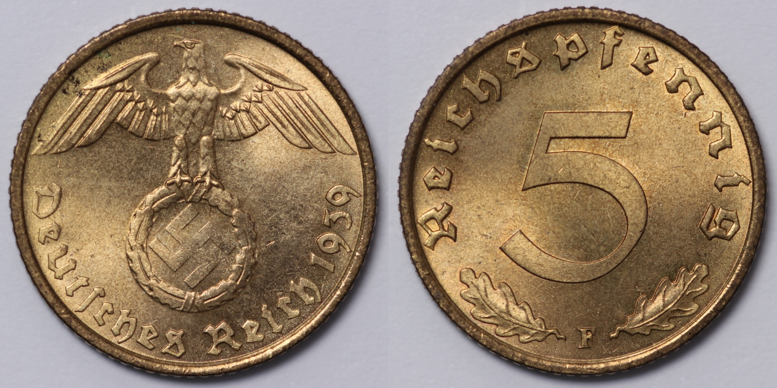 Germany - Third Reich 1939-F 5 Reichspfennig Stuttgart Mint KM# 91 ...