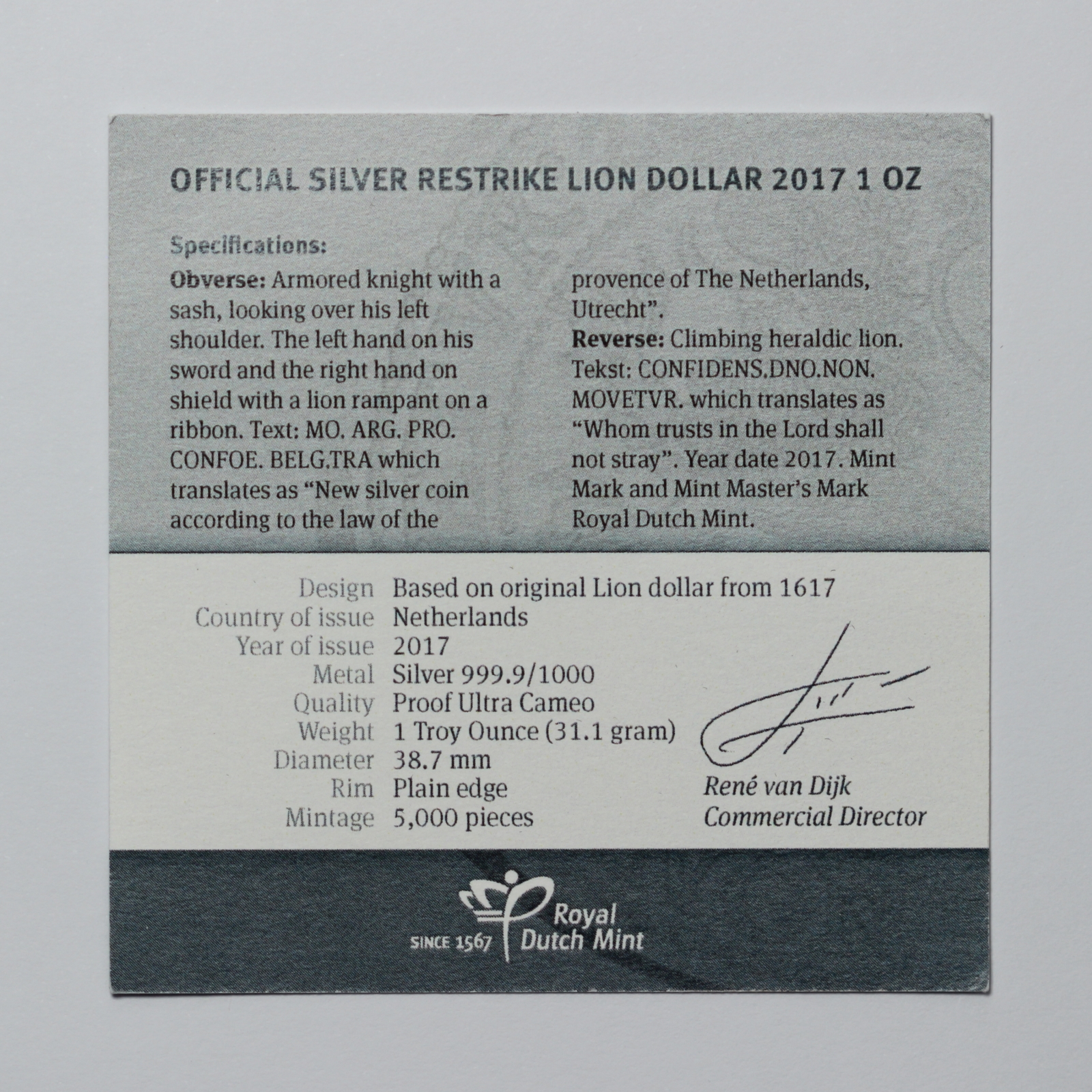 Netherlands 2017 1 oz Silver Lion Dollar Restrike Proof Coin - Imperial ...