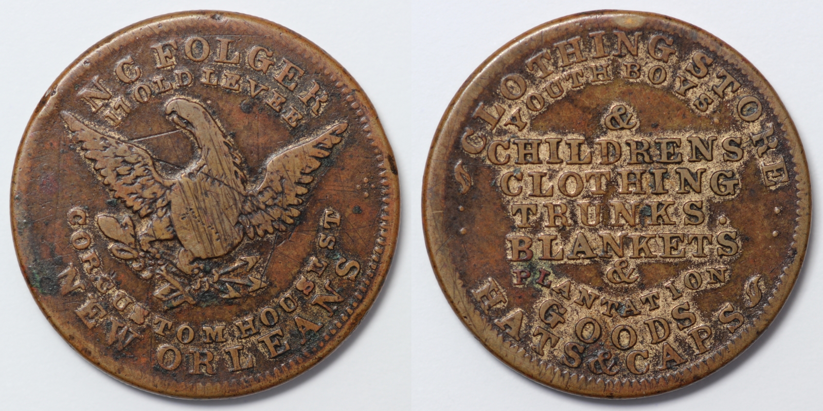 United States (1853-58) New Orleans N.C. Folger Clothing Store Brass ...