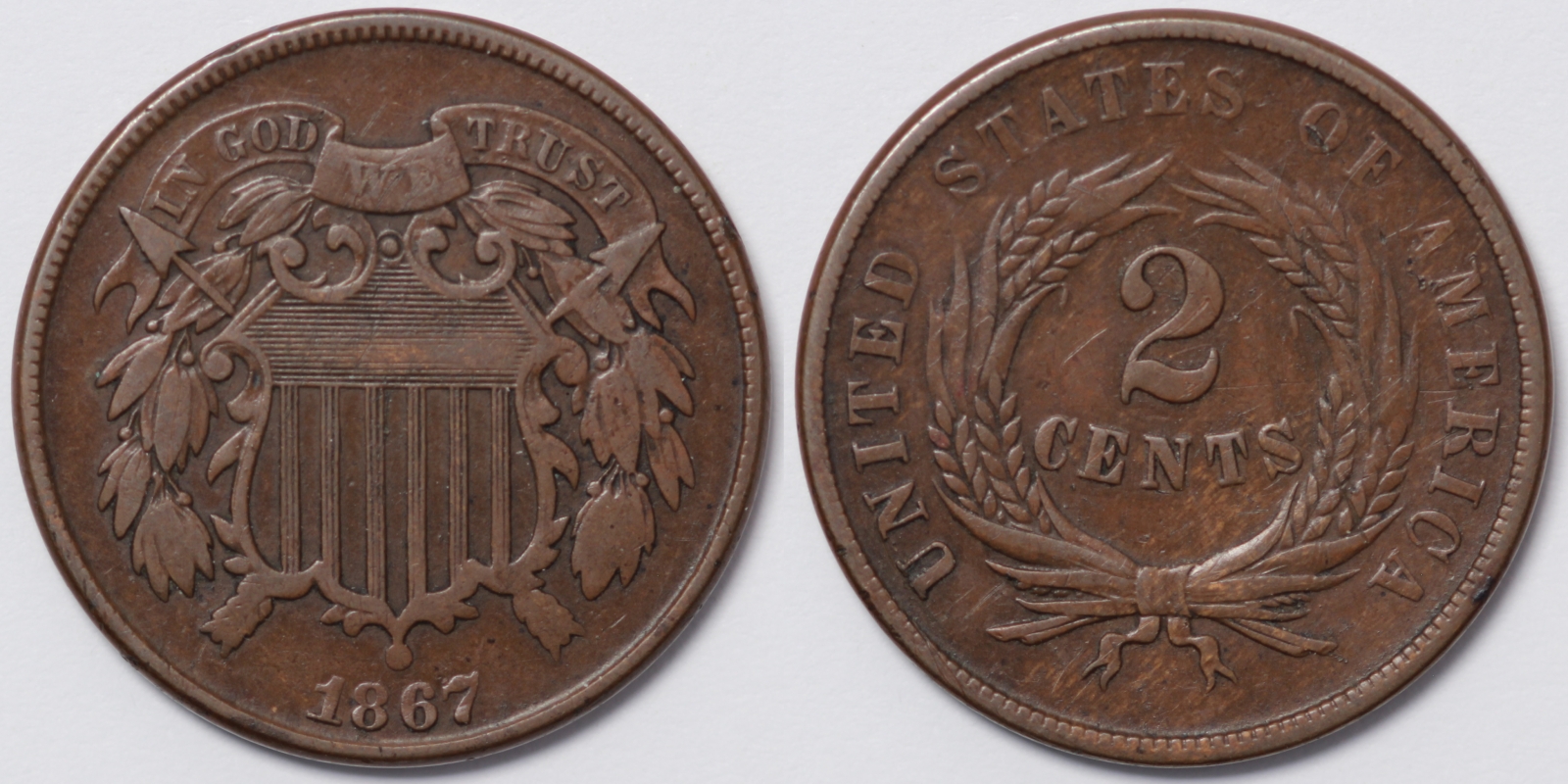 United States USA 1867 Shield Two Cent Piece 2C World Bronze Coin ...