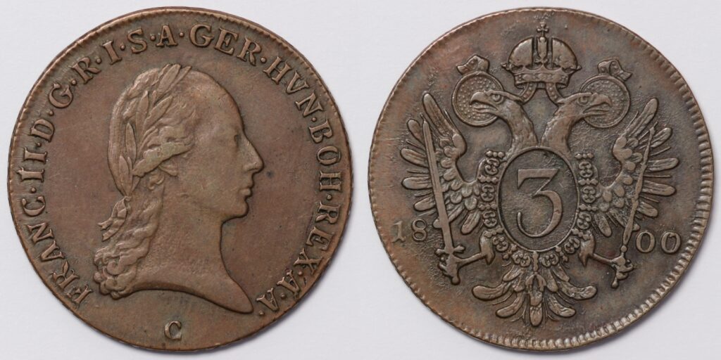 Austrian Empire 1800-C 3 Kreuzer Franz II Prague Mint KM# 2115.3 Copper ...