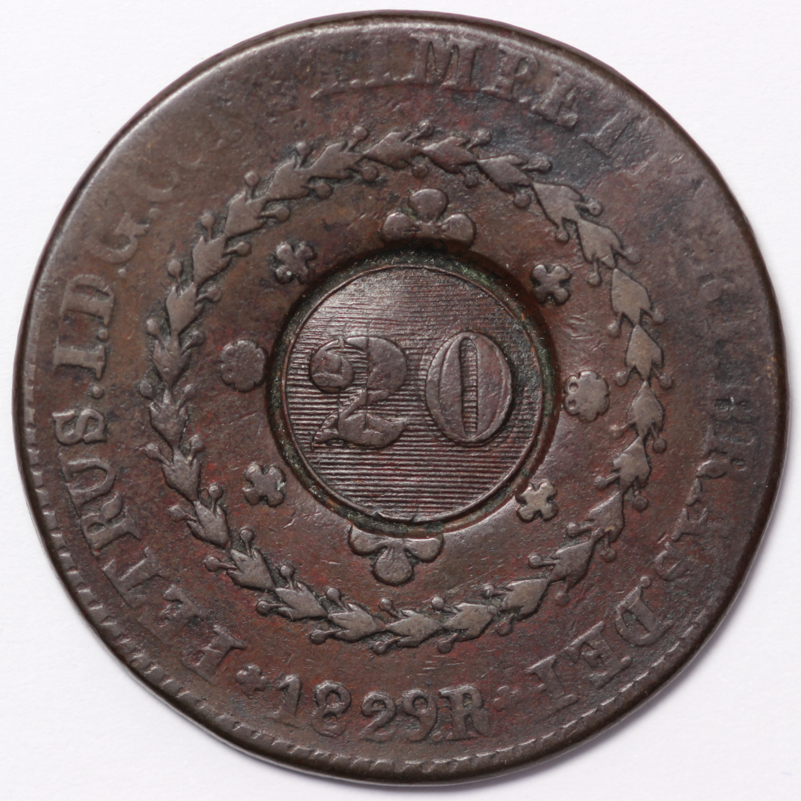 Brazil ND(1835) 20 Reis KM#436.1 Countermark on 1829R 40 Reis Host ...