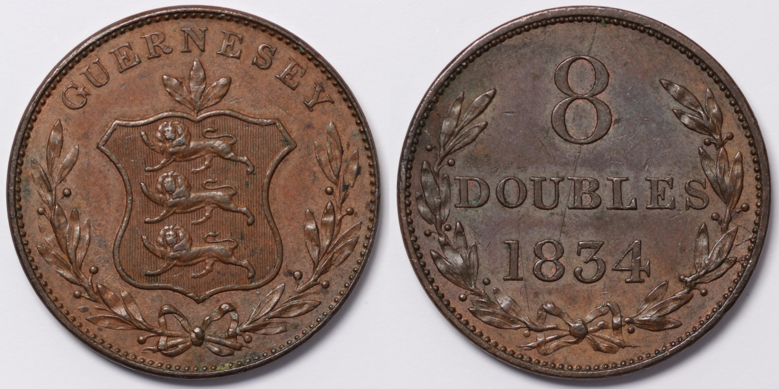 Guernsey 1834 8 Doubles First Year of Issue KM#3 Soho Mint World Copper ...