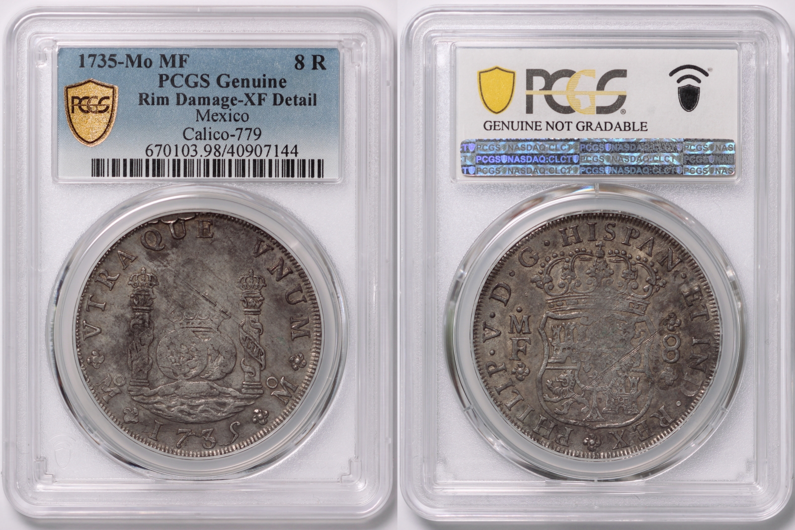 PCGS Genuine XF Details Rim Damage Mexico 1735-Mo MF 8 Reales Pillar Silver Coin - Imperial ...