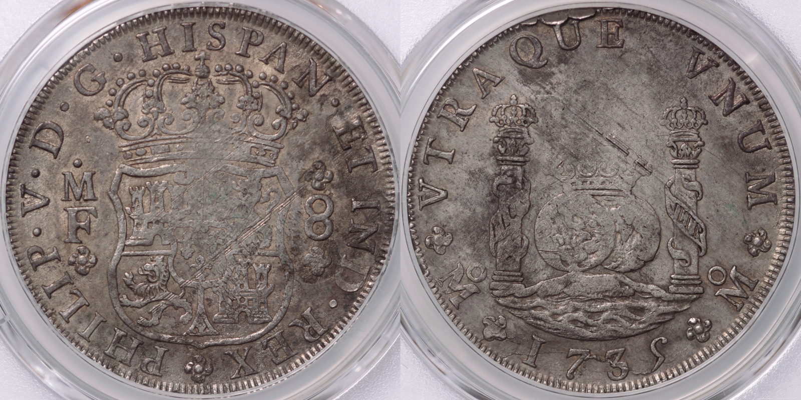 PCGS Genuine XF Details Rim Damage Mexico 1735-Mo MF 8 Reales Pillar Silver Coin - Imperial ...