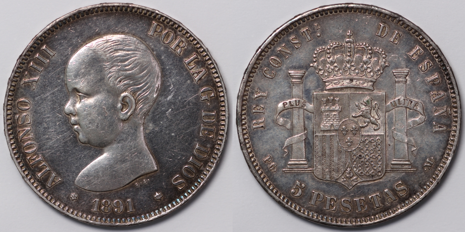 Spain 1891 PG-M 5 Pesetas Alfonso XIII 1st Portrait KM-689 World Silver ...
