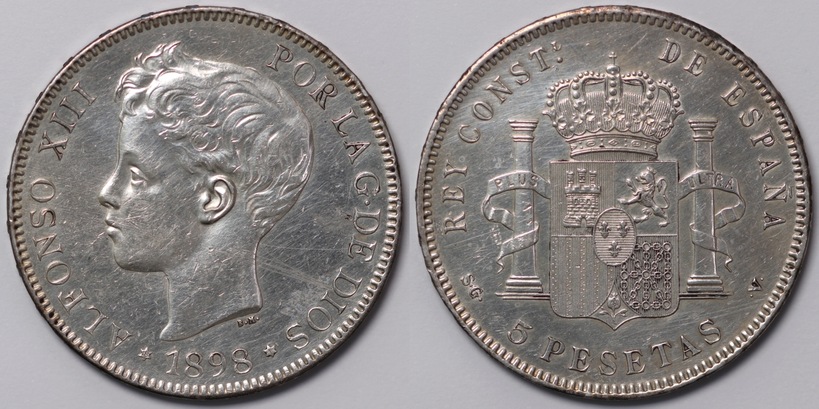 Spain 1898 SG-V 5 Pesetas Alfonso XIII 3rd Portrait KM-707 World Silver ...
