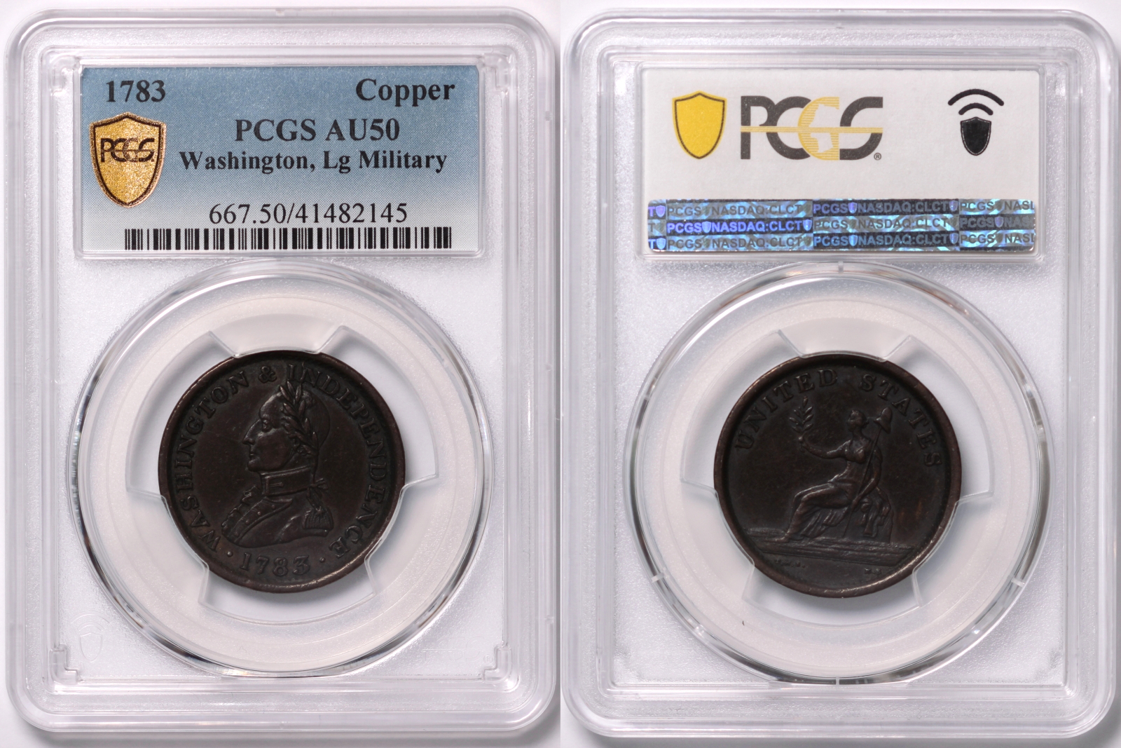 PCGS Graded AU50 United States 1783 Washington Copper Lg Military Bust ...