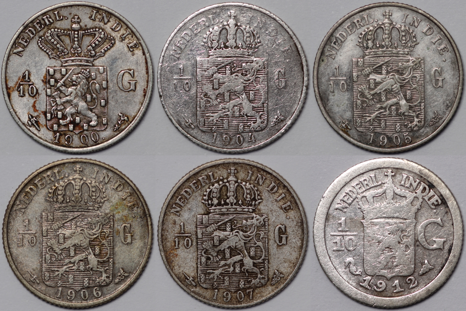 Lot of 6 Netherlands East Indies 1/10 Gulden 1900, 1904-1907, 1912 ...