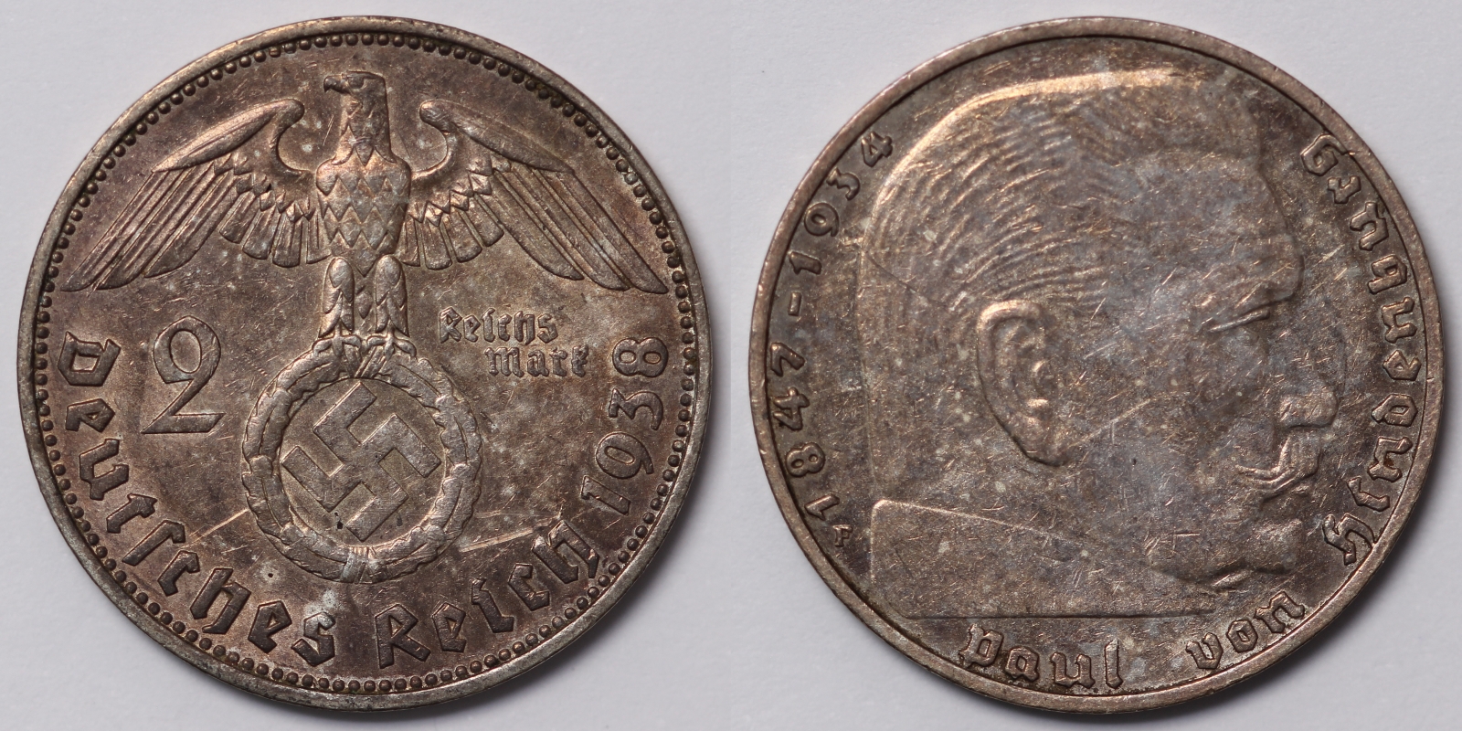 Germany - Third Reich 1938-F 2 Reichsmark KM#93 Swastika-Hindenburg Silver Coin - Imperial ...