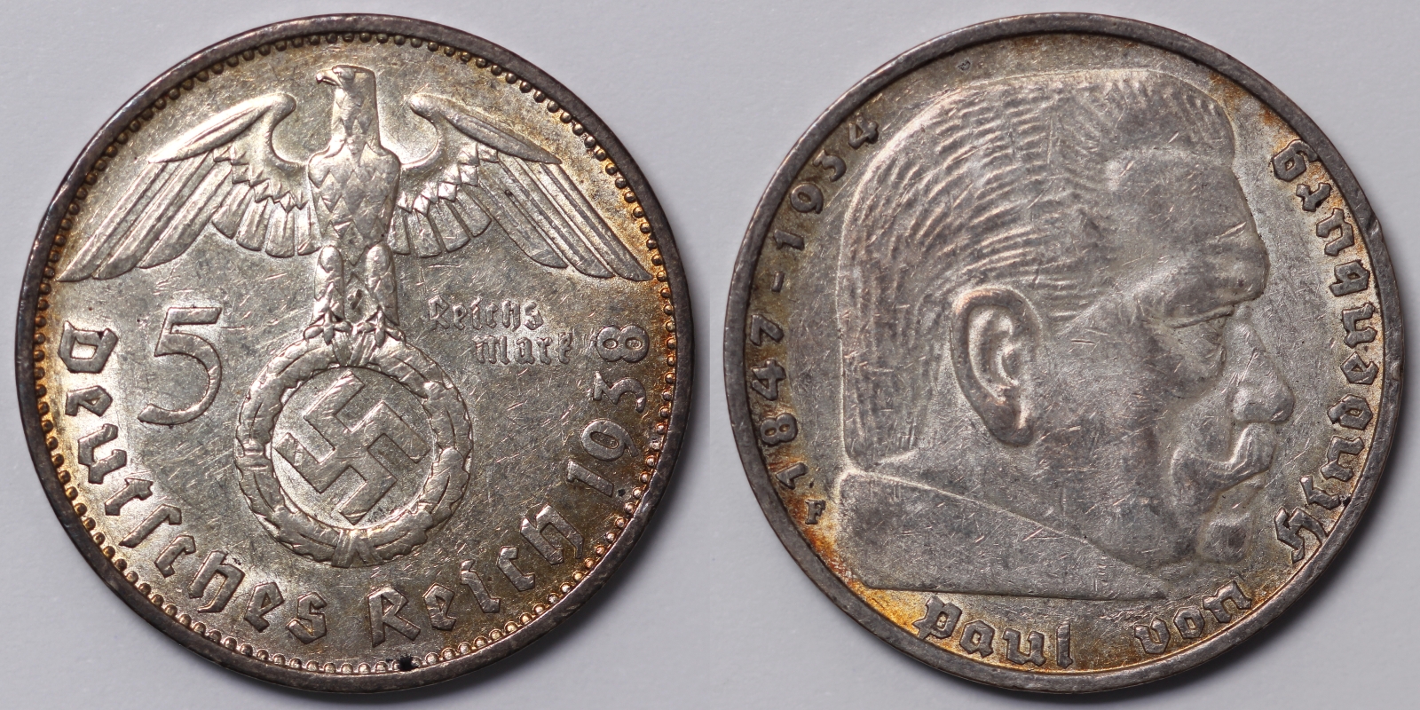 Germany - Third Reich 1938-F 5 Reichsmark KM#94 Swastika-Hindenburg ...