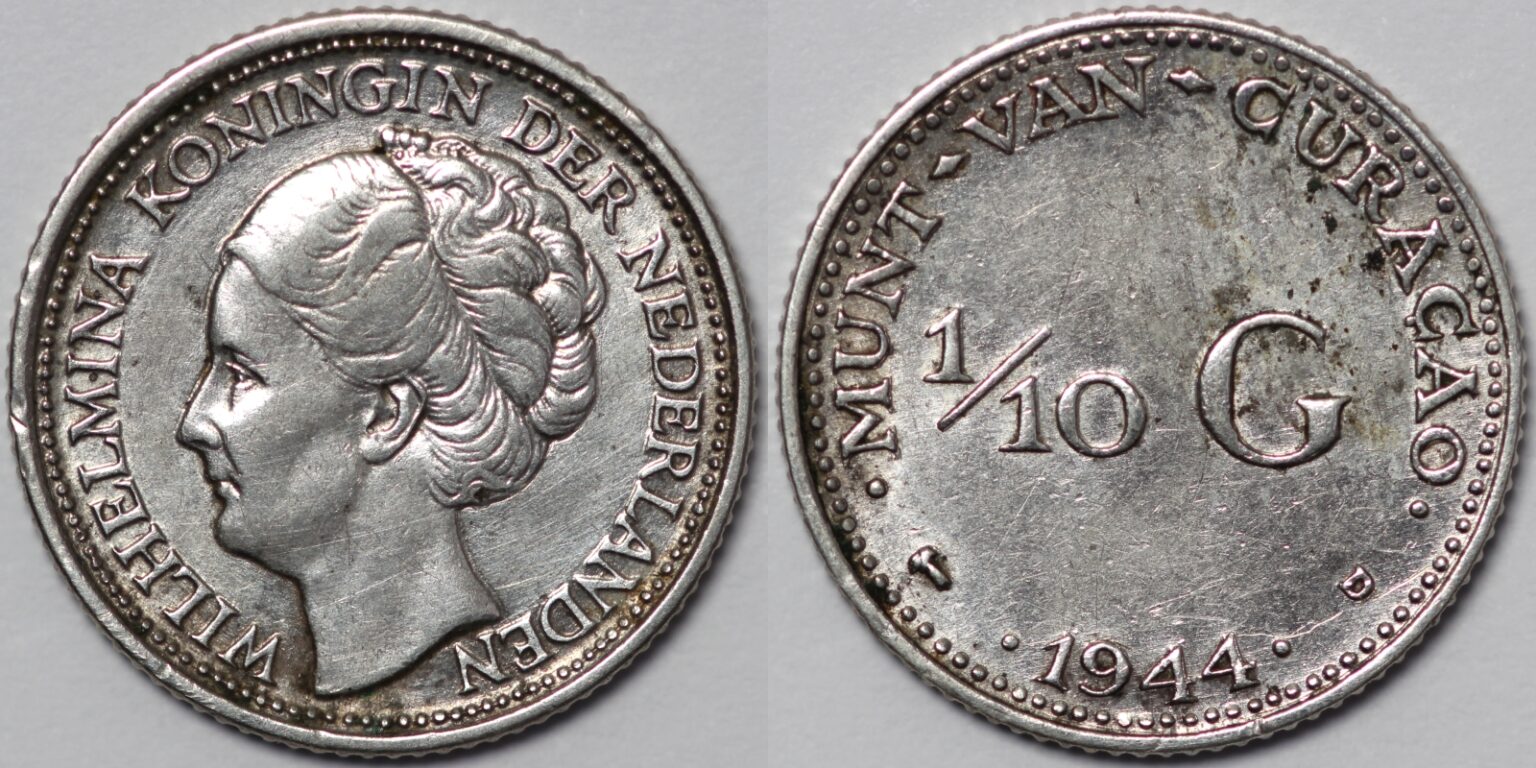 Lot of 2 Netherlands Antilles 1956 & Curacao 1944-D 1/10 Gulden Silver ...