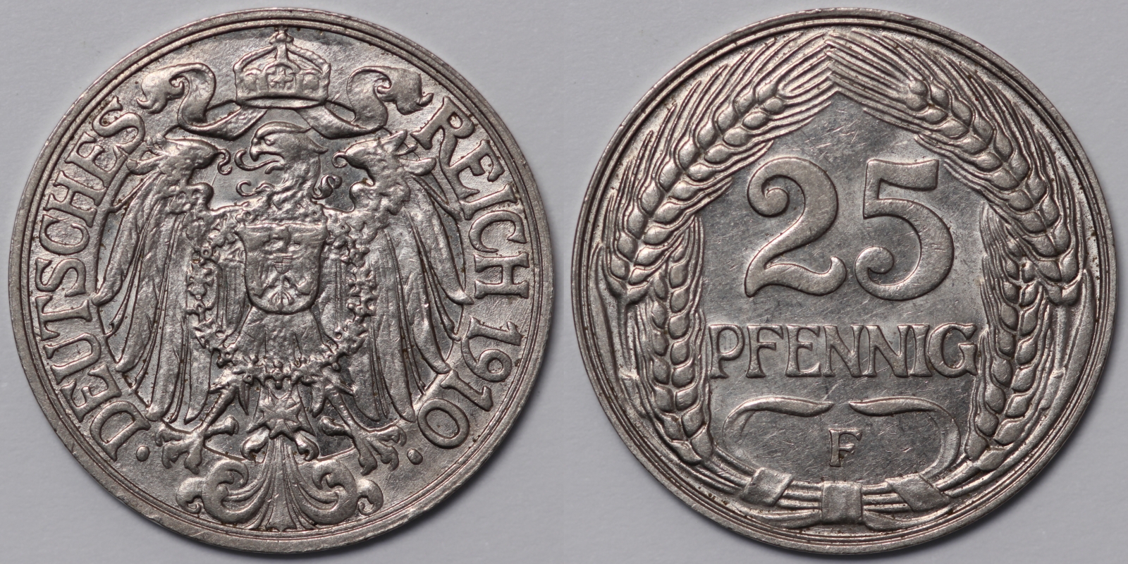 Germany - Empire 1910-F 25 Pfennig Wilhelm II Stuttgart Mint KM#18 ...