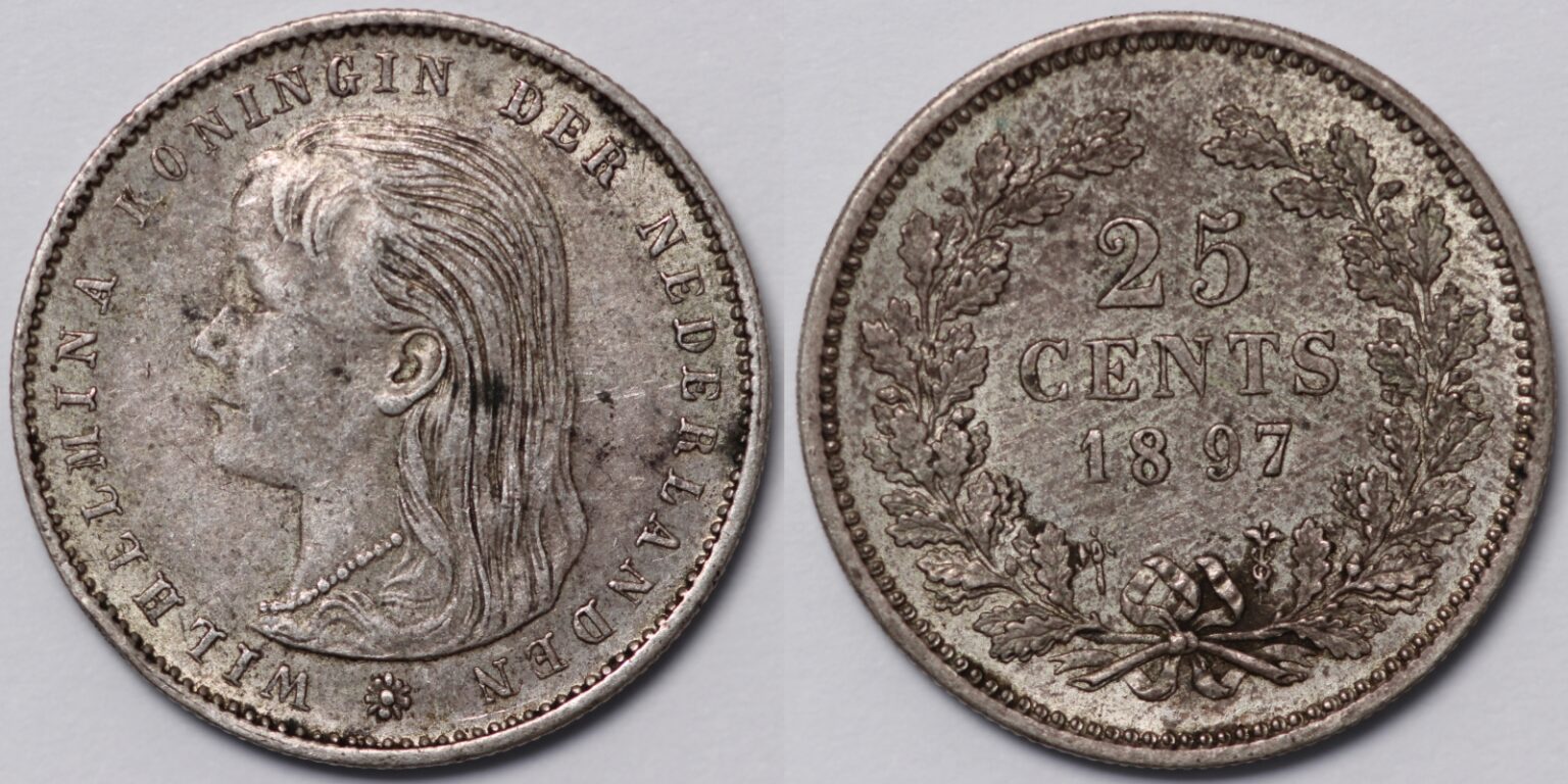 Netherlands 1897 25 Cents KM# 115 Wilhelmina I Young Head World Silver ...