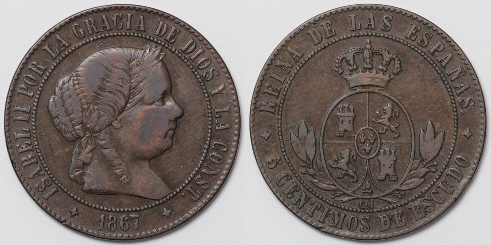 Spain 1867-OM 5 Centimos Isabel II Jubia Mint 4-Pointed Star World ...