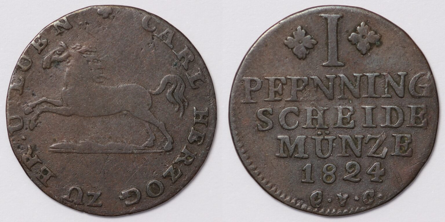 German States Brunswick-Wolfenbuttel 1824-CvC 1 Pfennig KM#1098 Copper ...