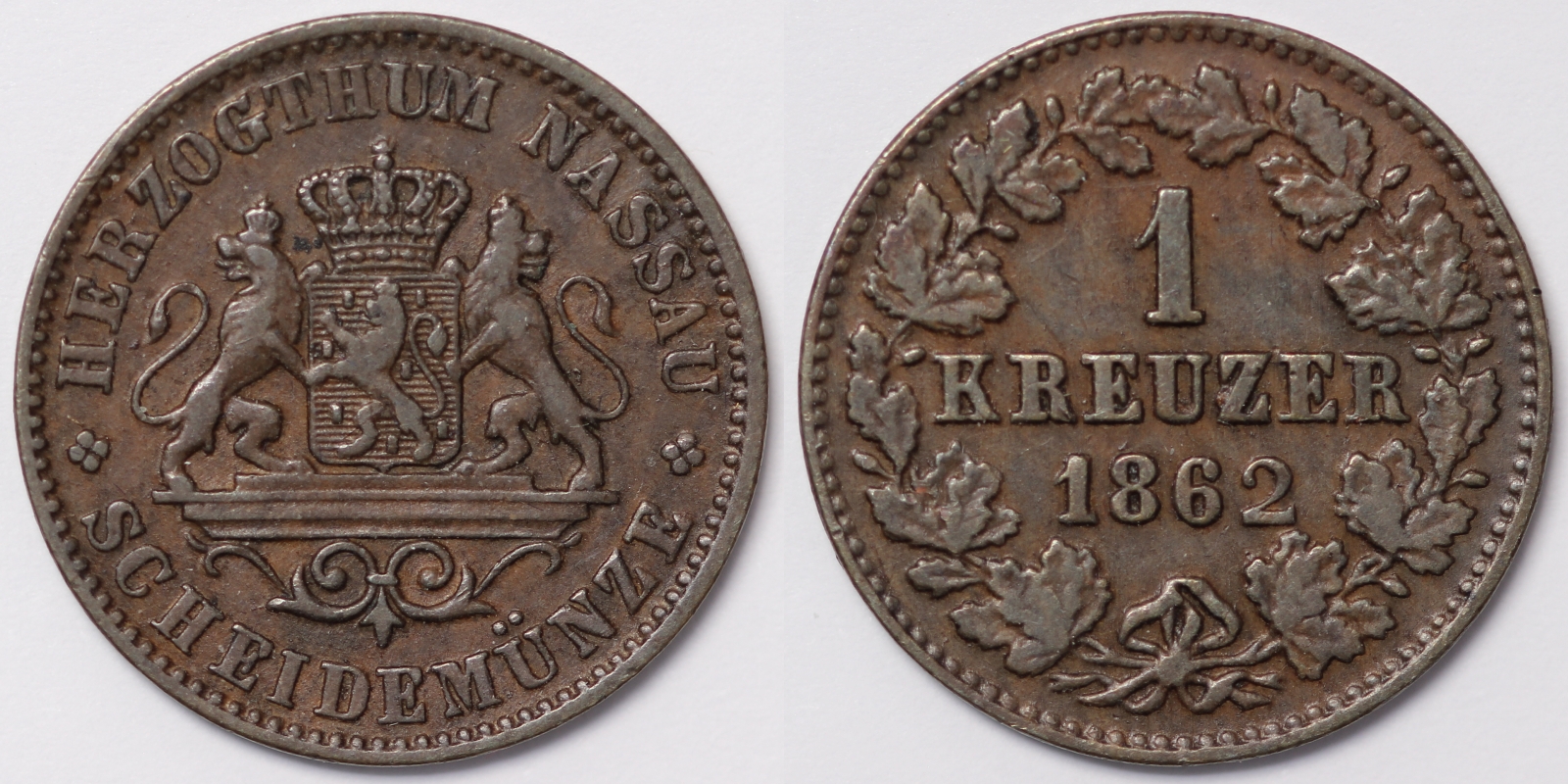Lot of 2 Coins German States - Duchy of Nassau 1859 and 1862 1 Kreuzer ...