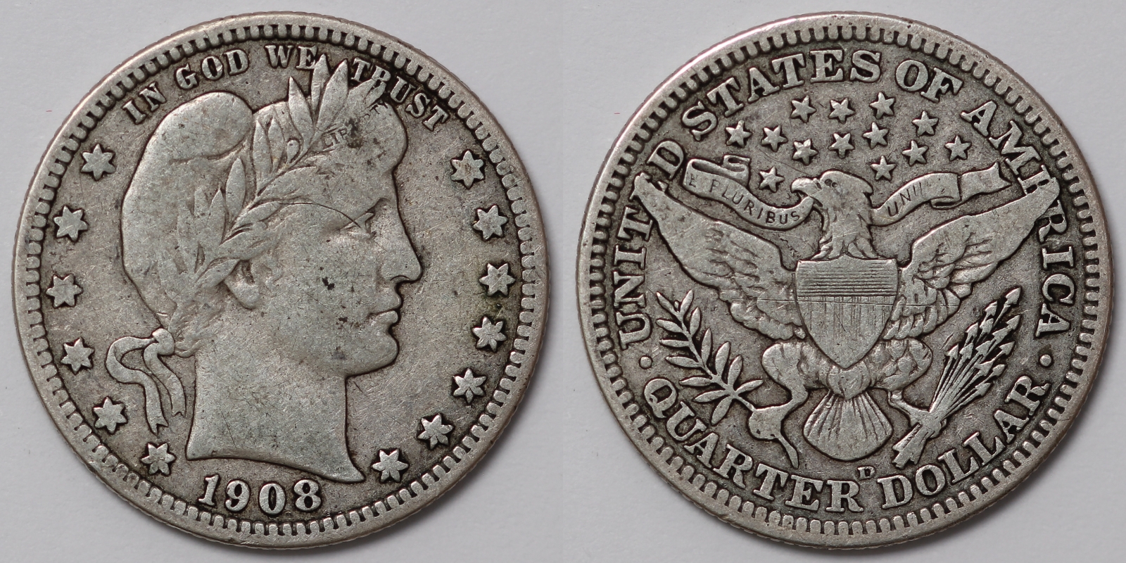 United States USA 1908-D Barber Quarter Dollar 25C Denver Mint World ...