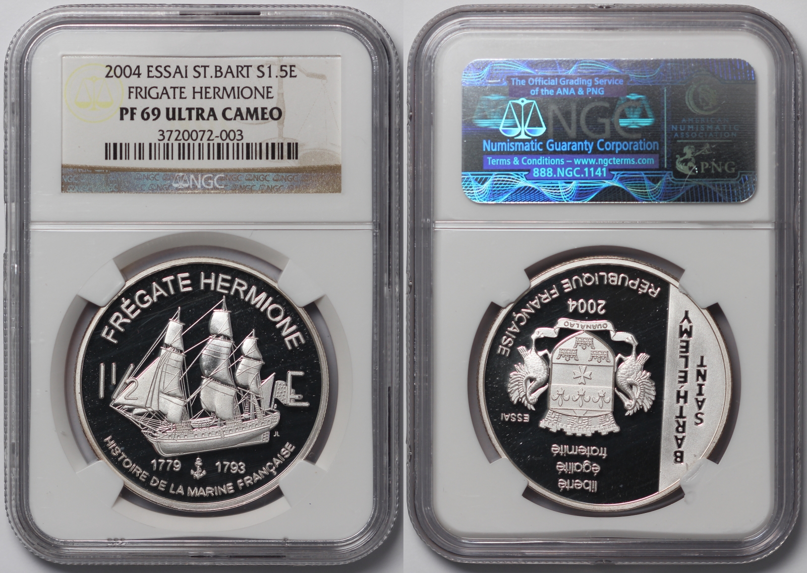 NGC PF69UCAM France St Barthelemy 2004 1.5 Euro Essai Frigate Hermione ...