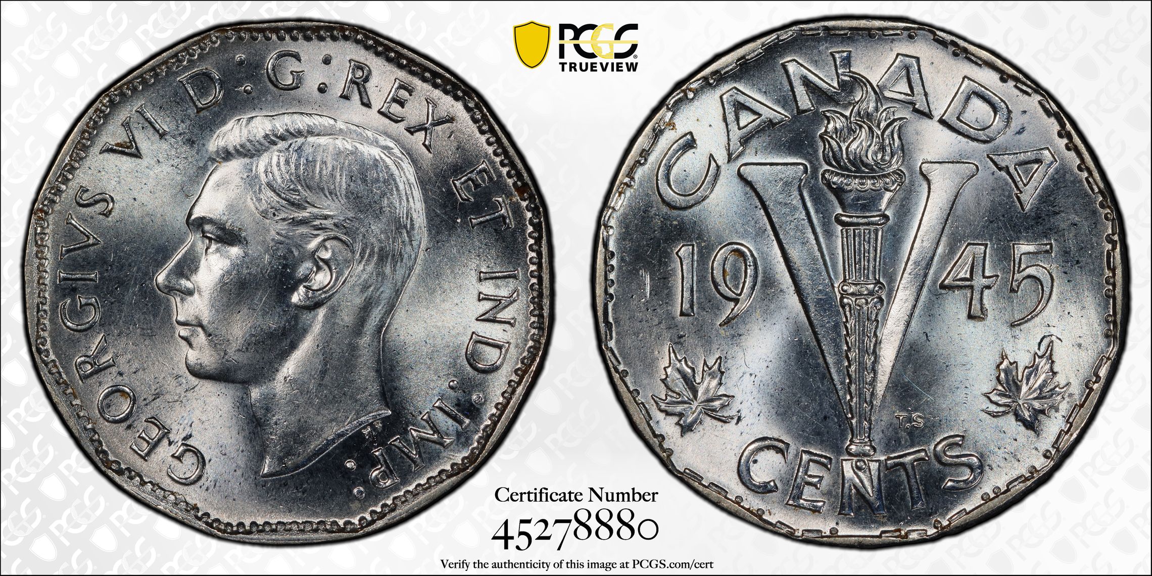 PCGS Graded MS65 Canada 1945 Five Cents 5C Victory George VI ...
