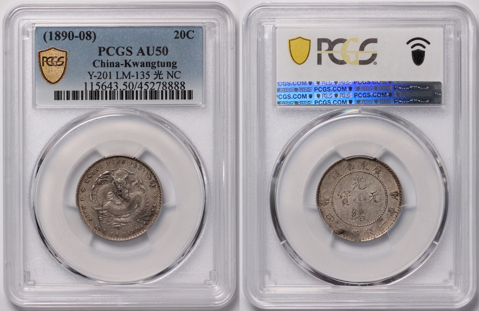 PCGS Graded AU50 China-Kwangtung (1890-08) 20 Cents 20C About Unc ...