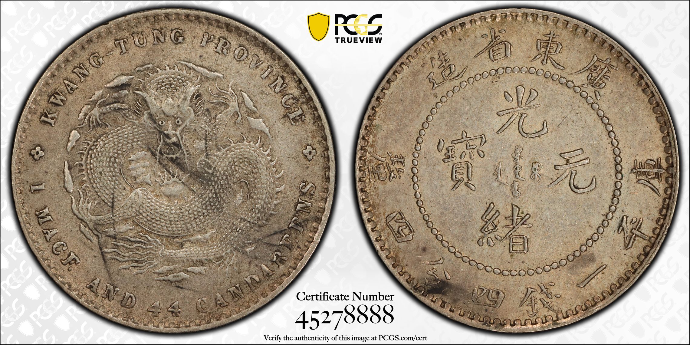 PCGS Graded AU50 China-Kwangtung (1890-08) 20 Cents 20C About Unc Silver Coin - Imperial Numismatics