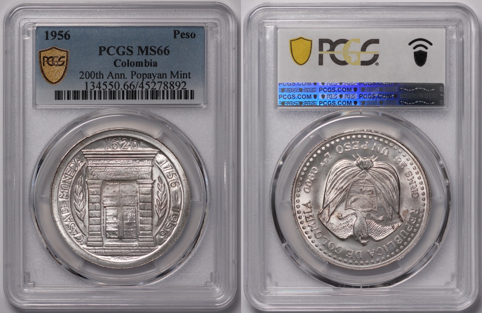 PCGS Graded MS66 Colombia 1956 Peso Popayan Mint Anniv. Uncirculated ...
