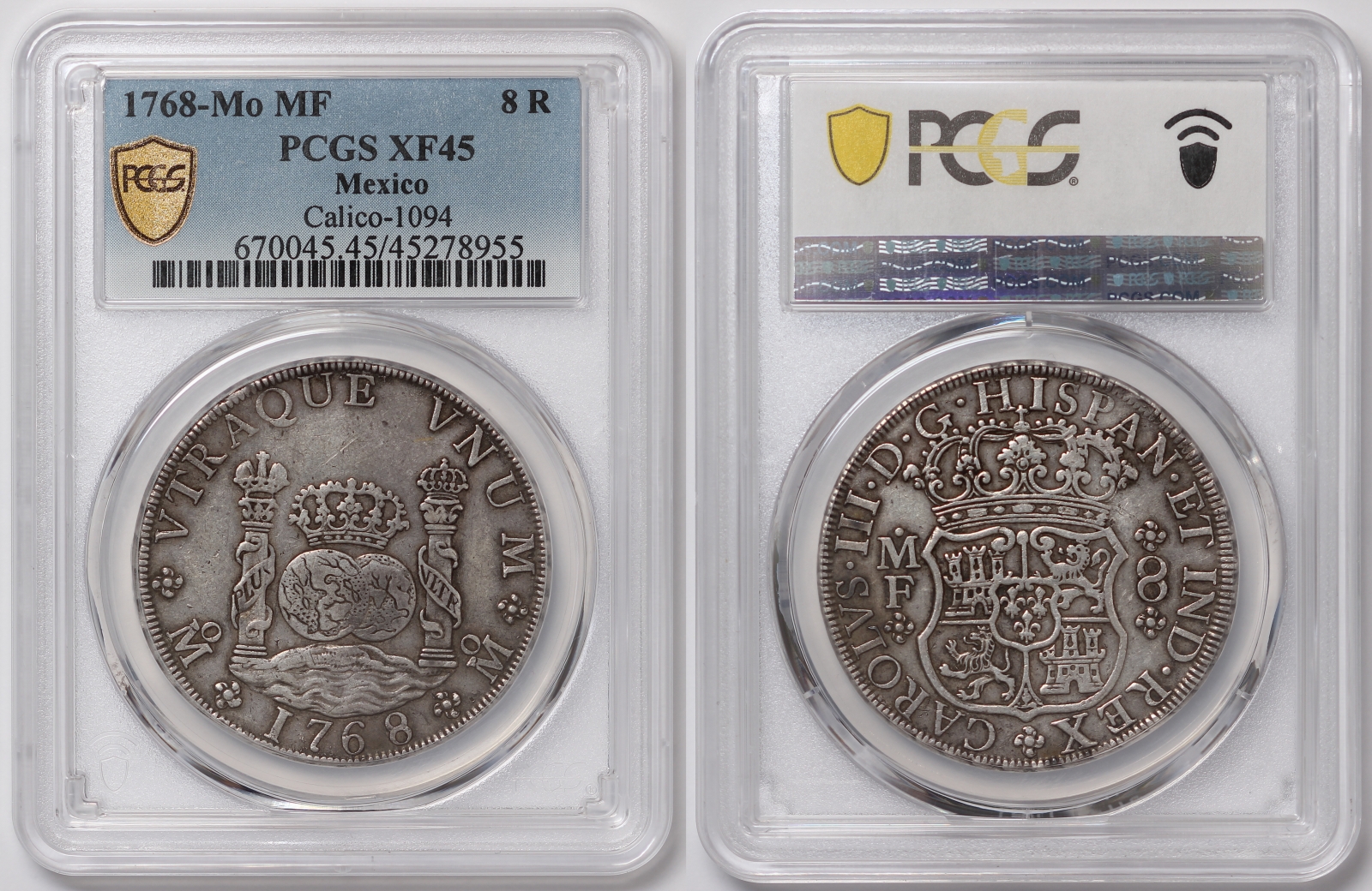 PCGS Graded XF45 Mexico Spanish Colony 1768-Mo MF 8 Reales Pillar Silver Coin - Imperial Numismatics