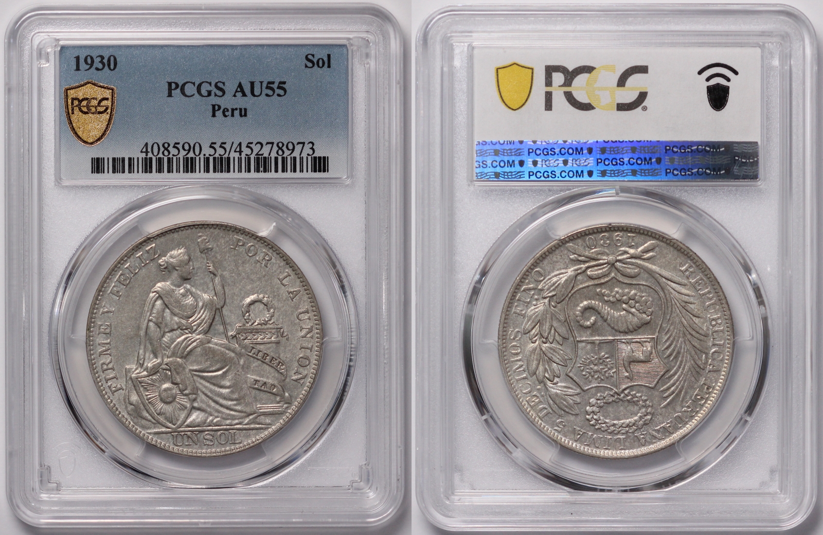 PCGS Graded AU55 Peru 1930 1 Sol Lima Mint Almost Uncirculated Silver Coin - Imperial Numismatics