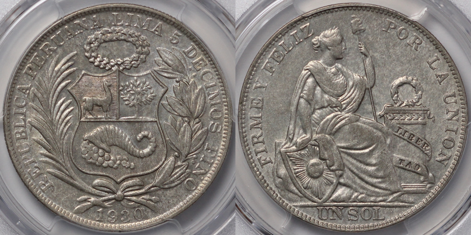 PCGS Graded AU55 Peru 1930 1 Sol Lima Mint Almost Uncirculated Silver Coin - Imperial Numismatics