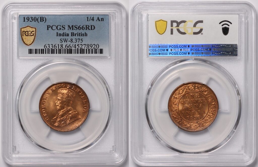 PCGS Graded MS66RD India British 1930(B) One Quarter Anna Gem ...