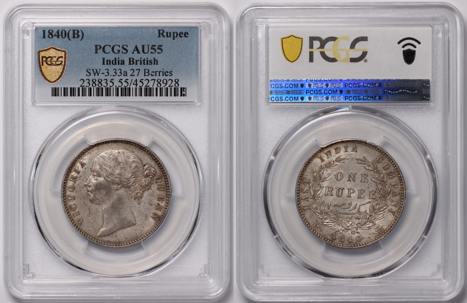 PCGS Graded AU55 India British 1840(B) Rupee Bombay Mint About Unc ...