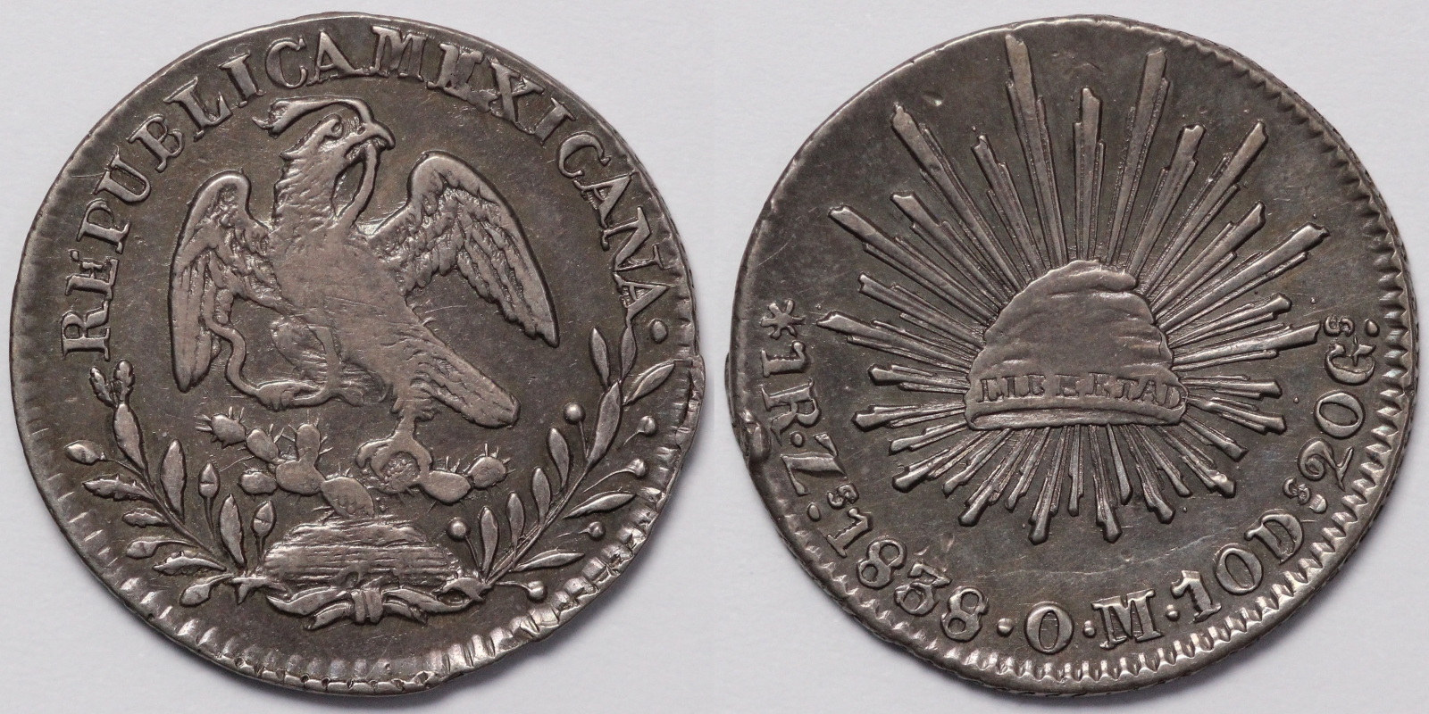 Mexico First Republic 1838-Zs OM 1 Real Zacatecas Mint KM# 372.10 Silver Coin - Imperial Numismatics
