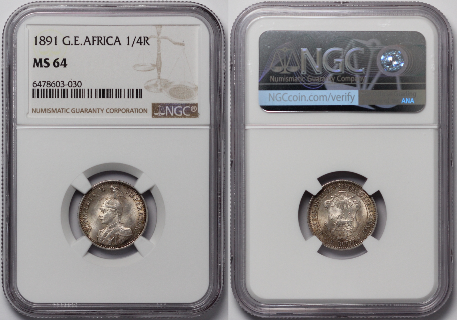 NGC Graded MS64 German East Africa 1891 1/4 Rupie Uncirculated Silver ...