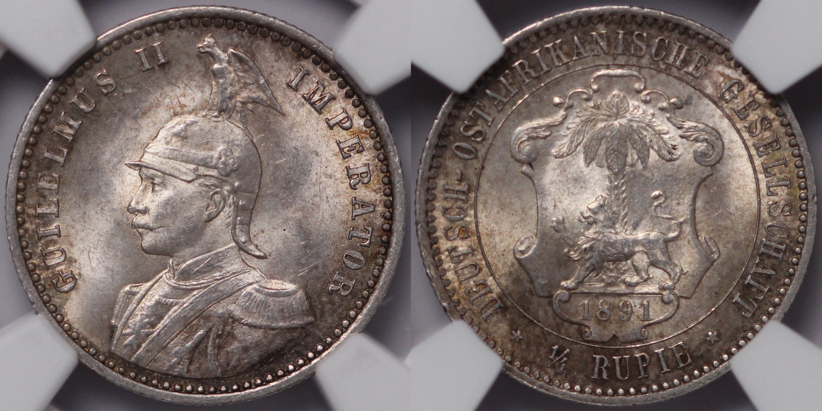 NGC Graded MS64 German East Africa 1891 1/4 Rupie Uncirculated Silver ...