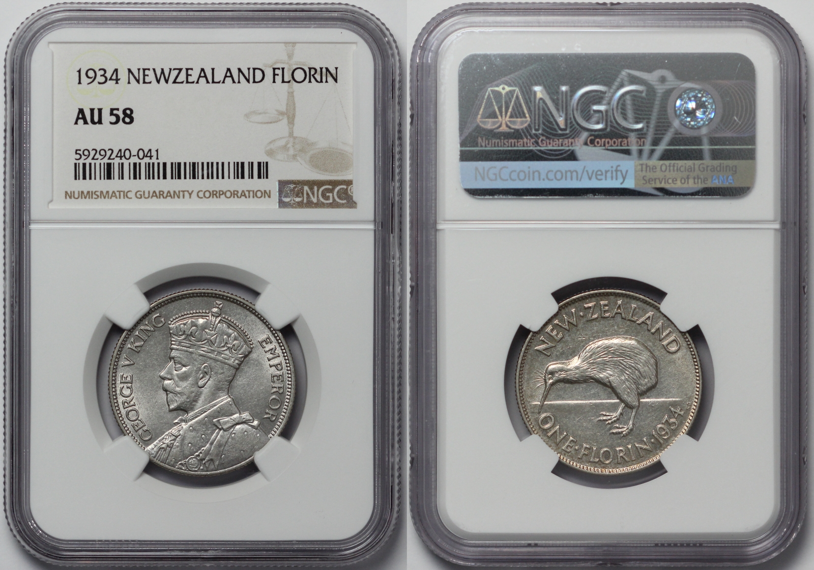 NGC Graded AU58 New Zealand 1934 Florin George V Almost Uncirculated ...
