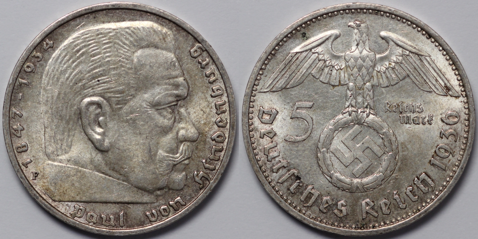 Germany - Third Reich 1936-F 5 Reichsmark KM# 94 Swastika-Hindenburg ...